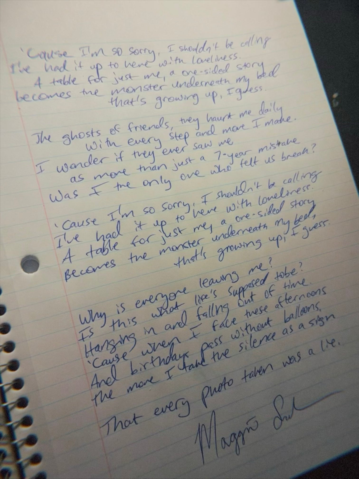 Handwritten Lyric Sheet – Glimmers